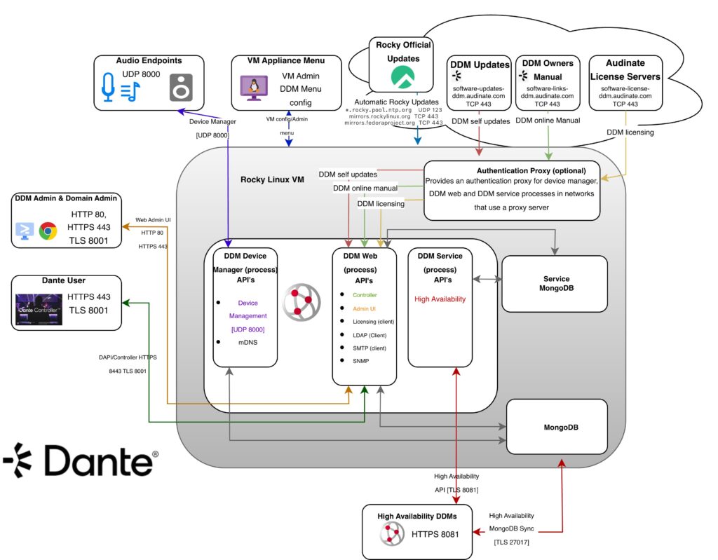 How does DDM work and what ports does it require? | Dante